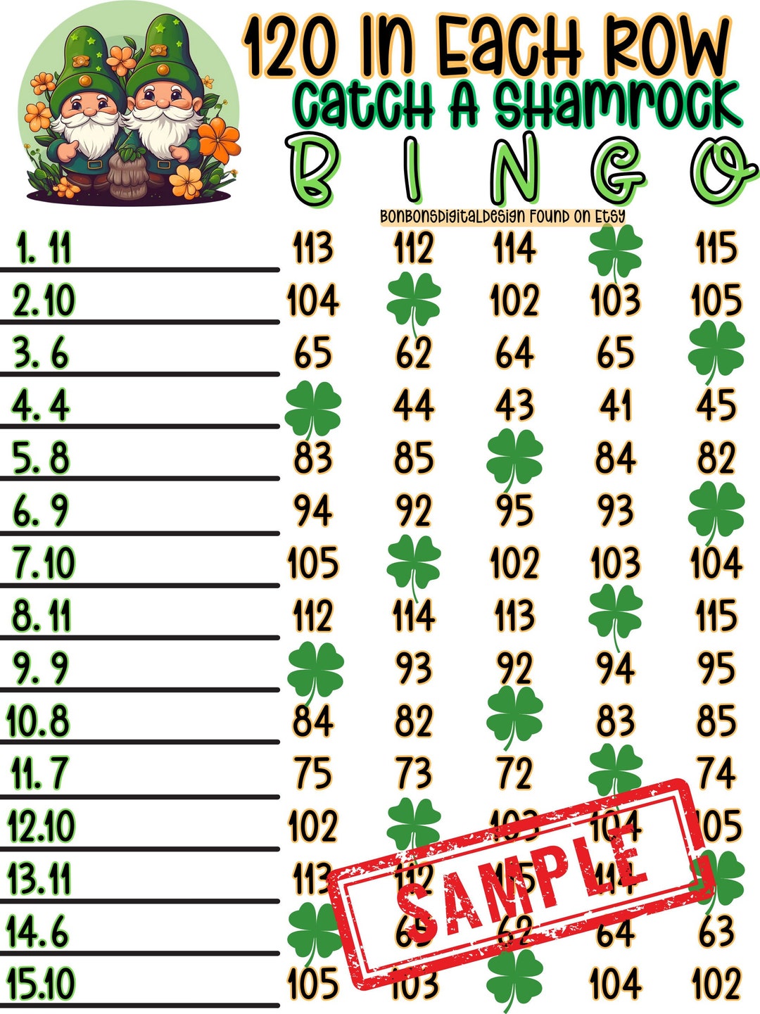 Catch A Shamrock PYP Pro WTA 120 in Every Row 15 Line Bingo Board, PYP ...