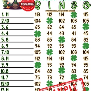 Catch A Shamrock PYP Pro WTA 120 in Every Row 15 Line Bingo Board, PYP ...