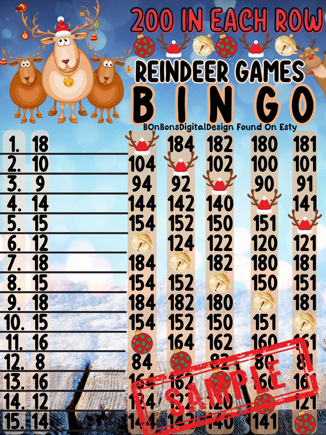 200 PYP Small Pro WTA Reindeer Games 15 Line Bingo Board , 200 in Each ...