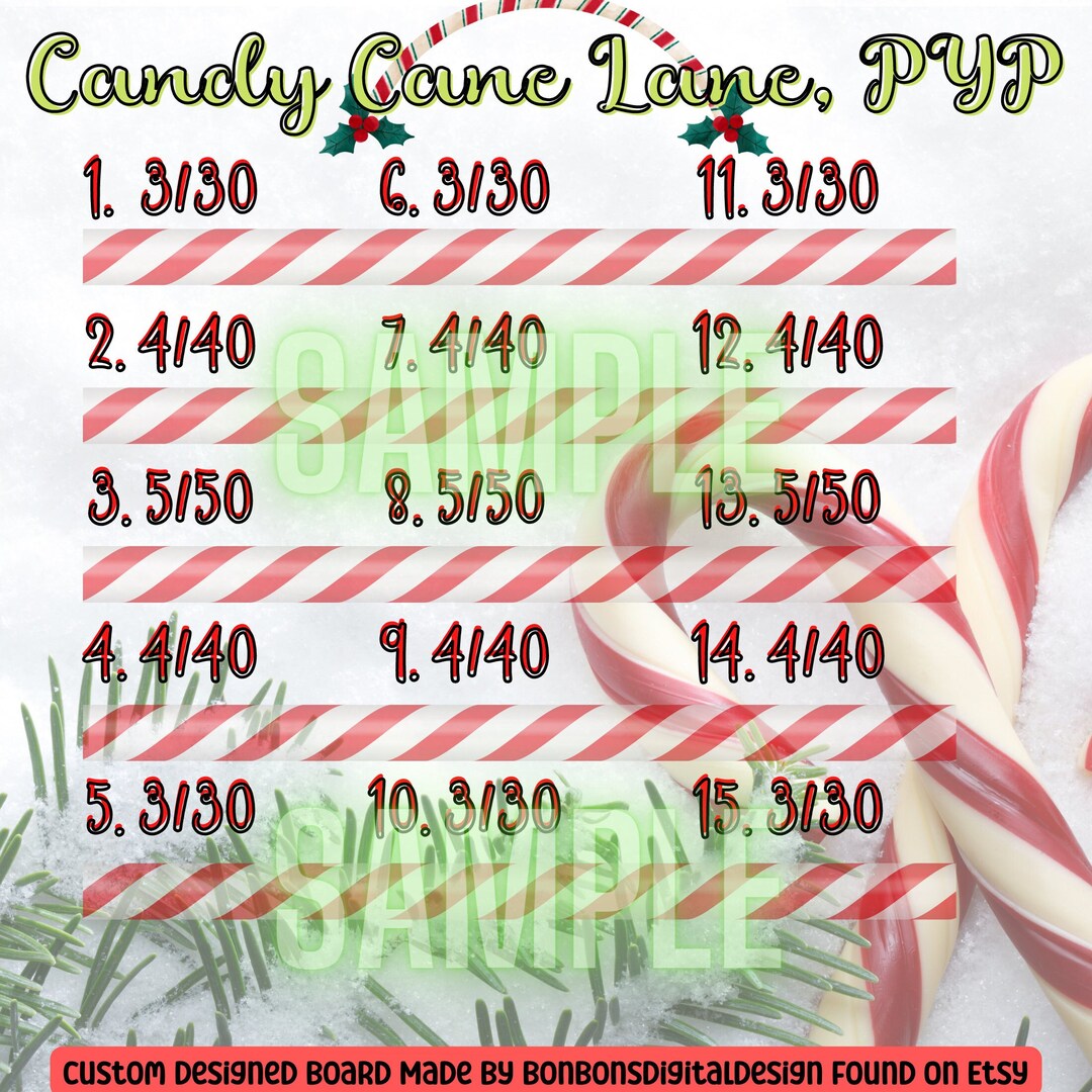 Candy Cane Lane PYP 15 Line Bingo Board, Pick Your Pay, Christmas Bingo ...