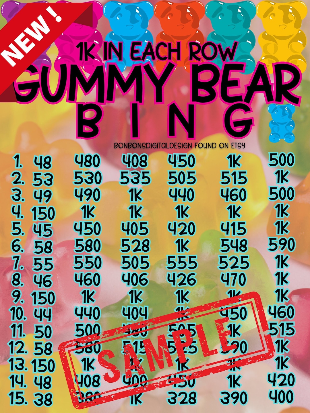 Gummy Bear 1k in Each Row Small Profit 15 Line Bingo Board With FREE ...