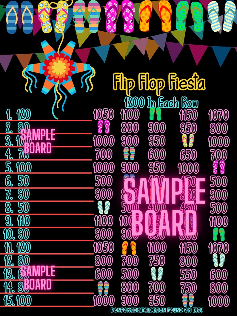 Flip Flop Fiesta 1200 WTA 15 Line Bingo Board, HR Summer Bingo Boards ...