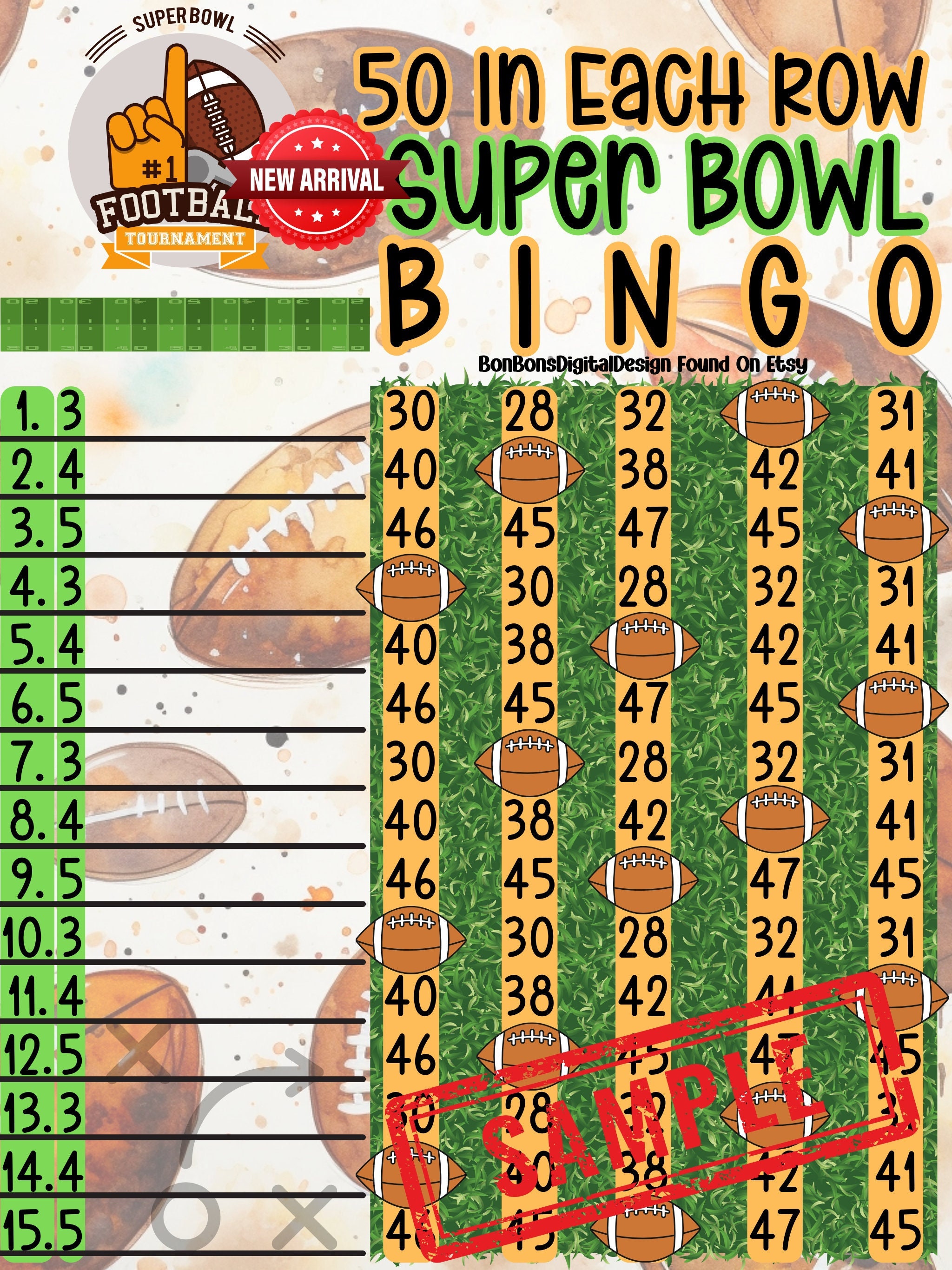 50 in Each Row WTA PYP 15 Line Bingo Board , Football Bingo, Super Bowl ...