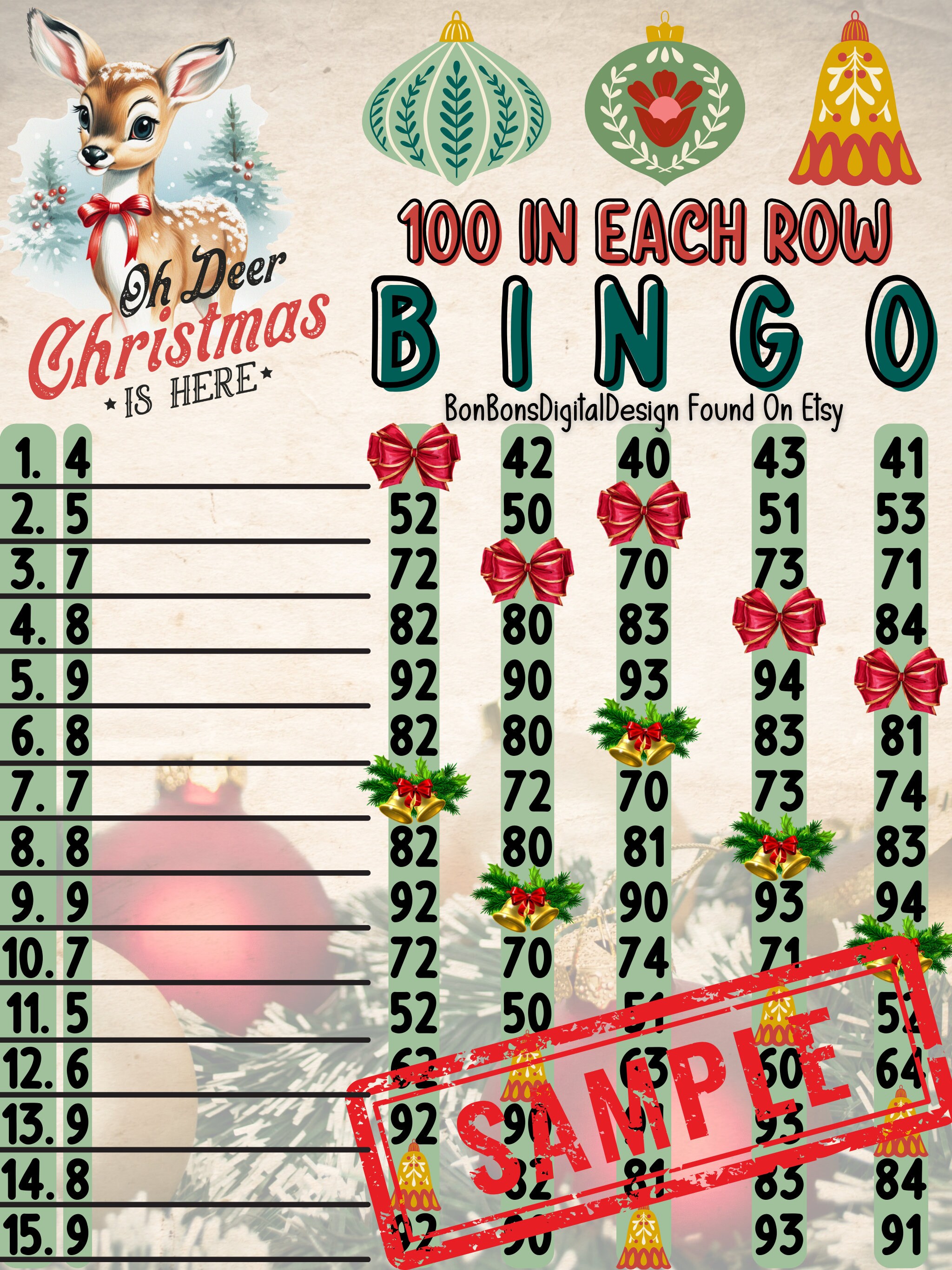 100 in Each Row WTA PYP Christmas 15 Line Bingo Board , Christmas Bingo ...