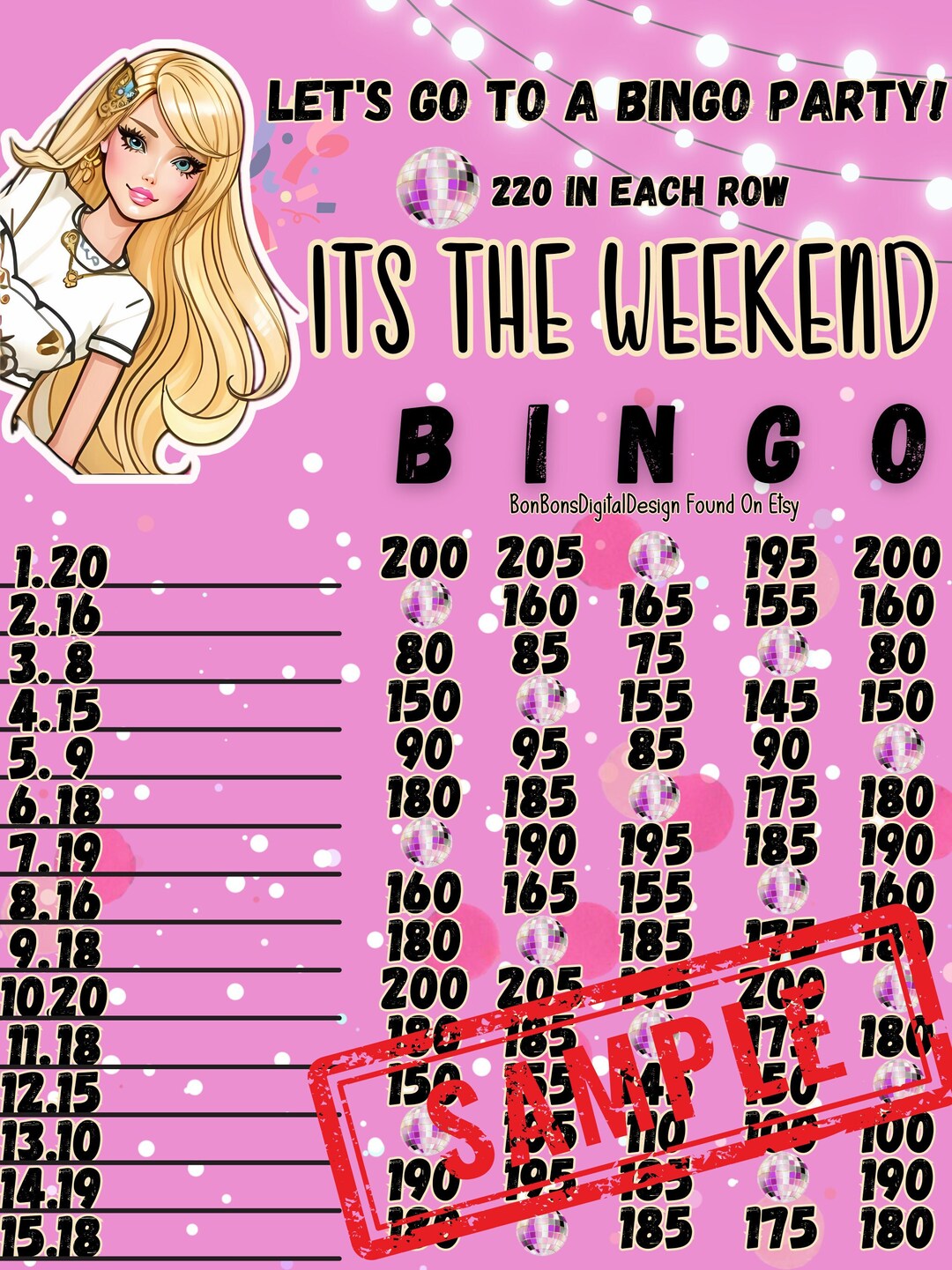 220 PYP WTA Small Pro Weekend 15 Line Bingo Board , 220 in Each Row ...