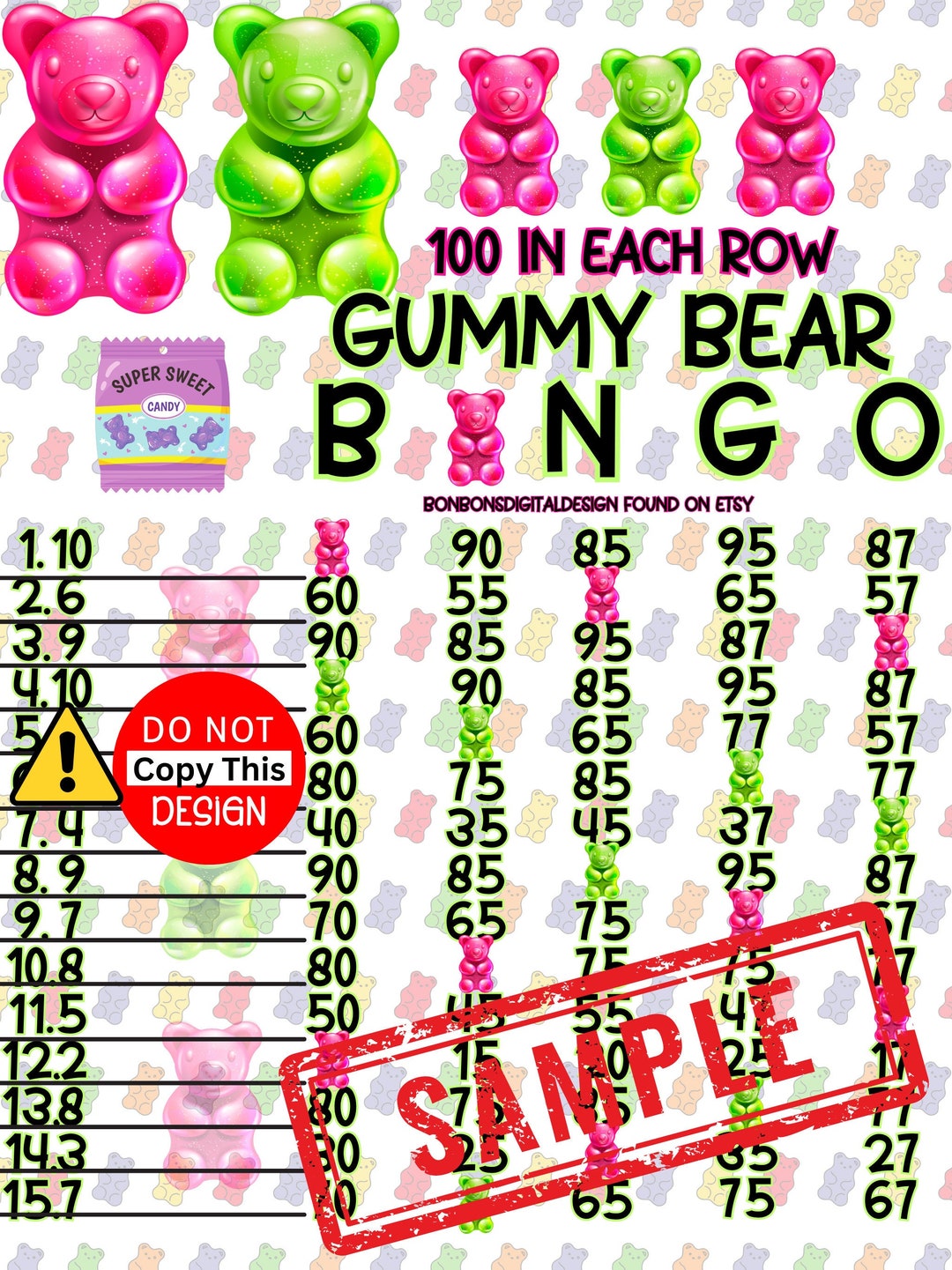 100 in Each Row WTA Gummy Bear 15 Line Bingo Board and FREE ...