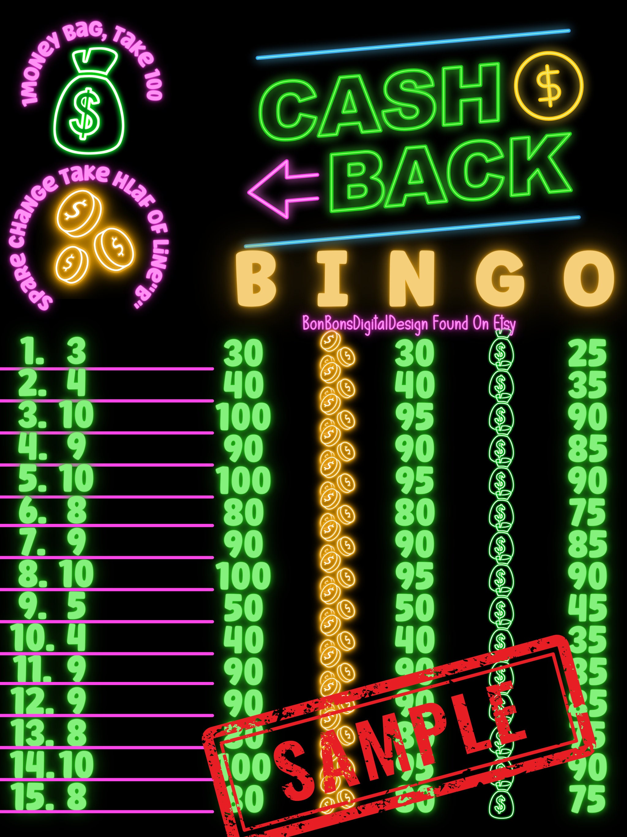 100 in Each Row PYP Cash Back Neon Glow 15 Line Bingo Board , Small ...