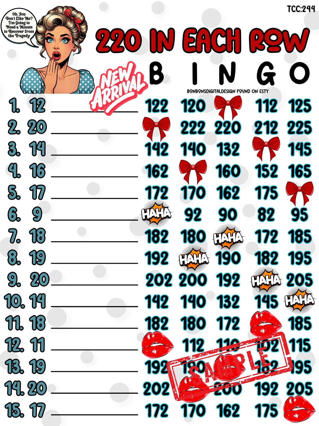 220 PYP Small Pro WTA Sarcastic 15 Line Bingo Board , 220 in Each Row ...