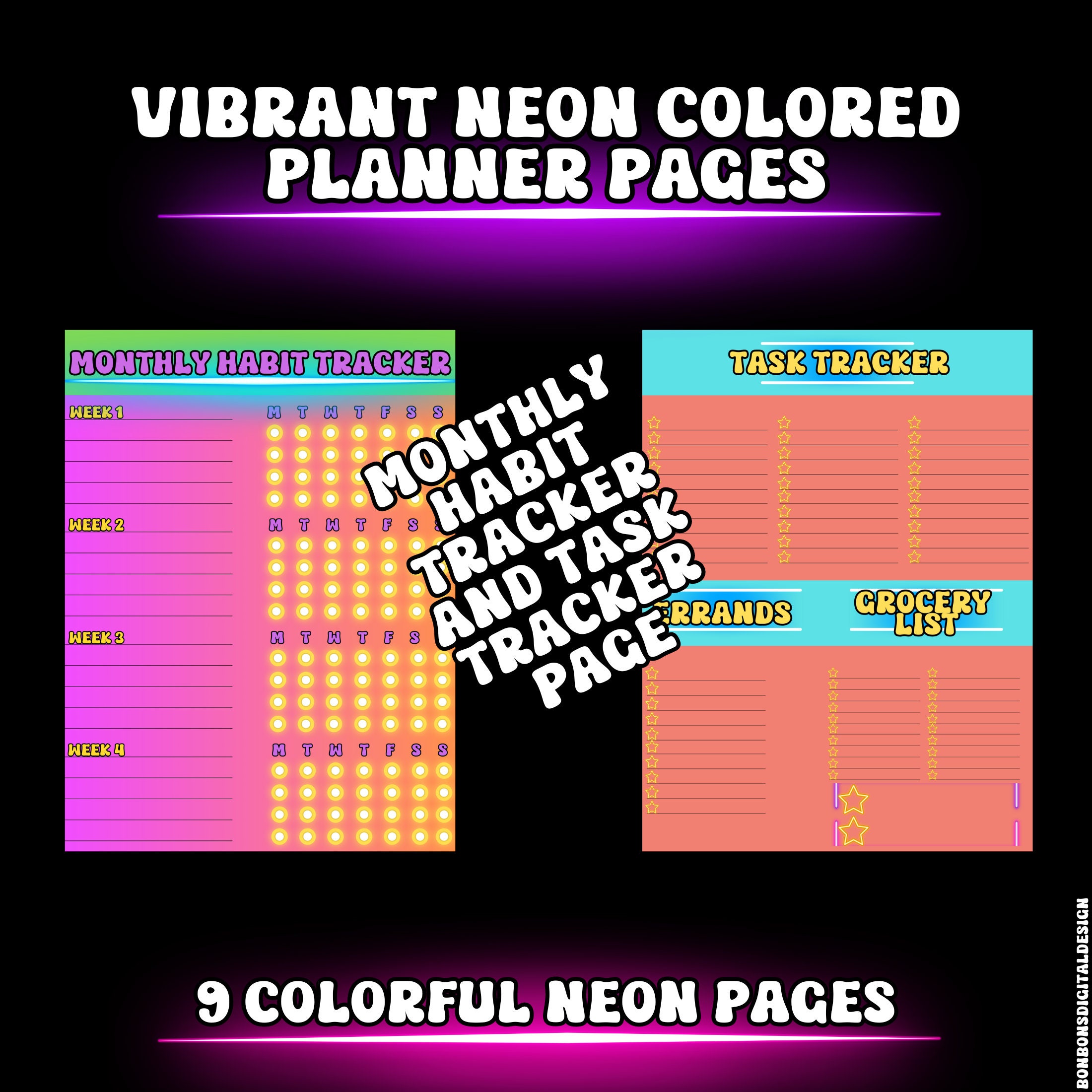 Vibrant Neon Planner Pages and Covers for Goodnotes, Daily Life Tracker ...