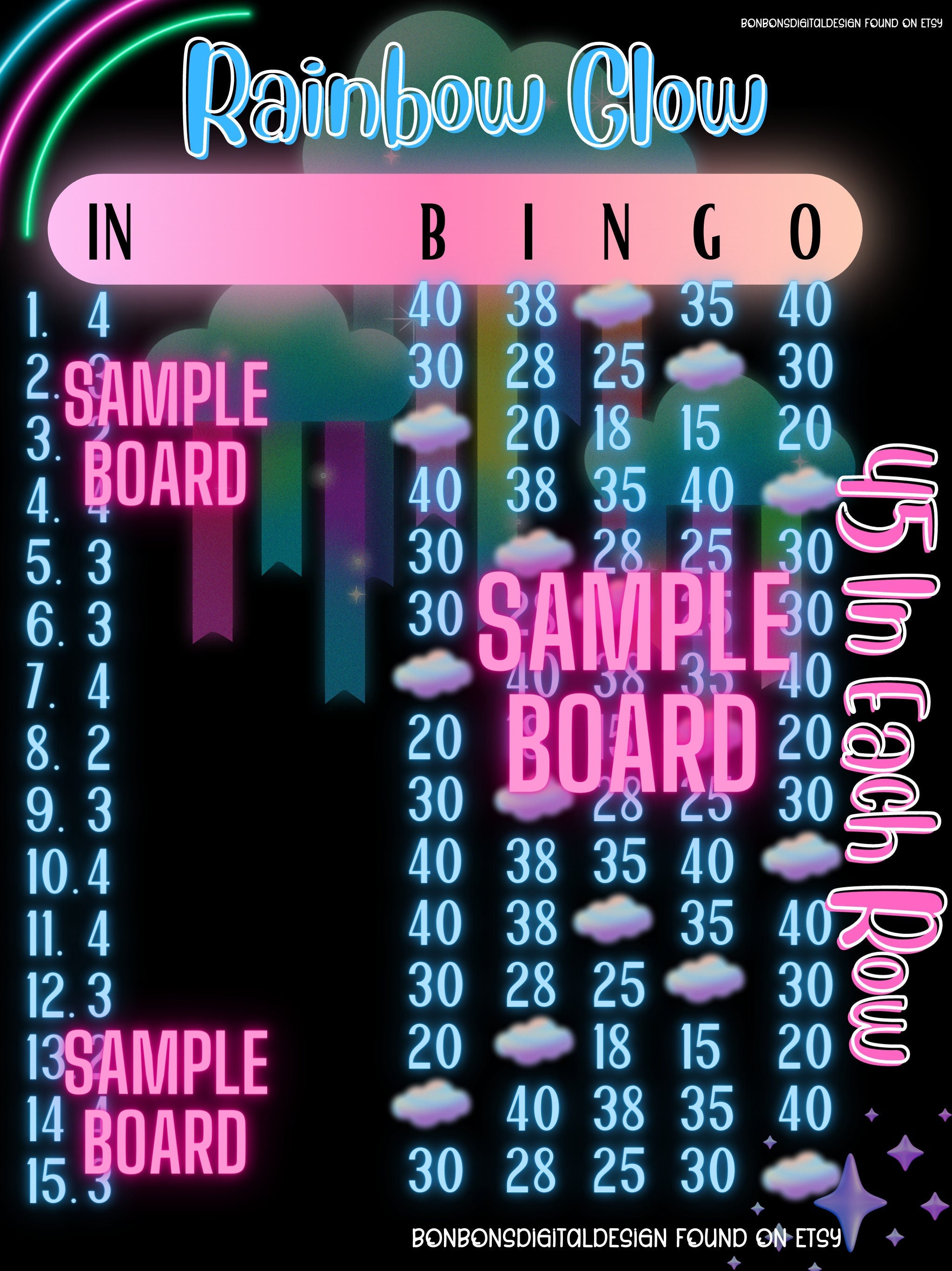Rainbow Glow 45 in Each Row WTA 15 Line Bingo Board, PYP Bingo Board ...