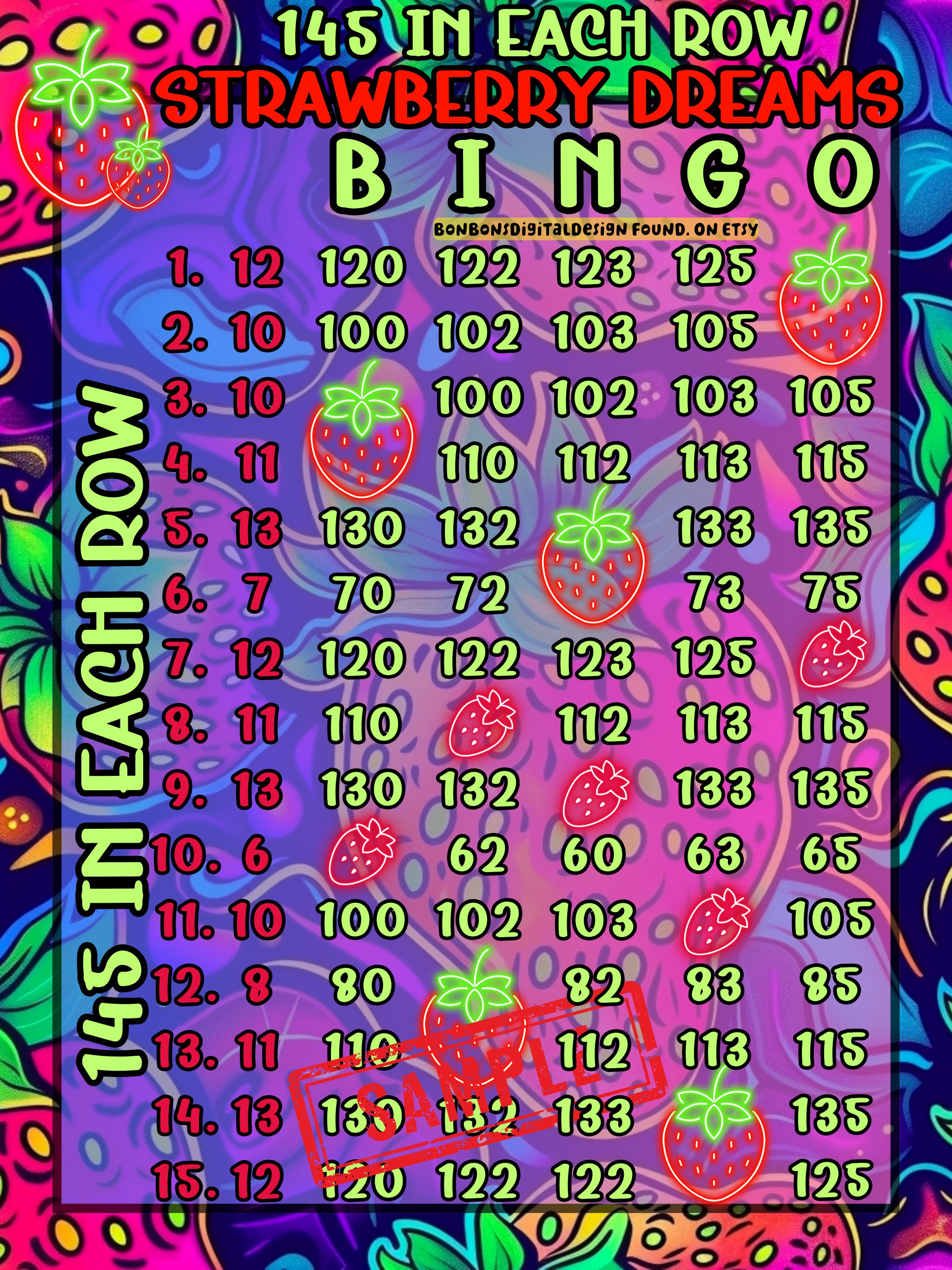 Bingo 145 in Each Row PYP Pro WTA 15 Line Bingo Board, Glow Neon Bingo ...