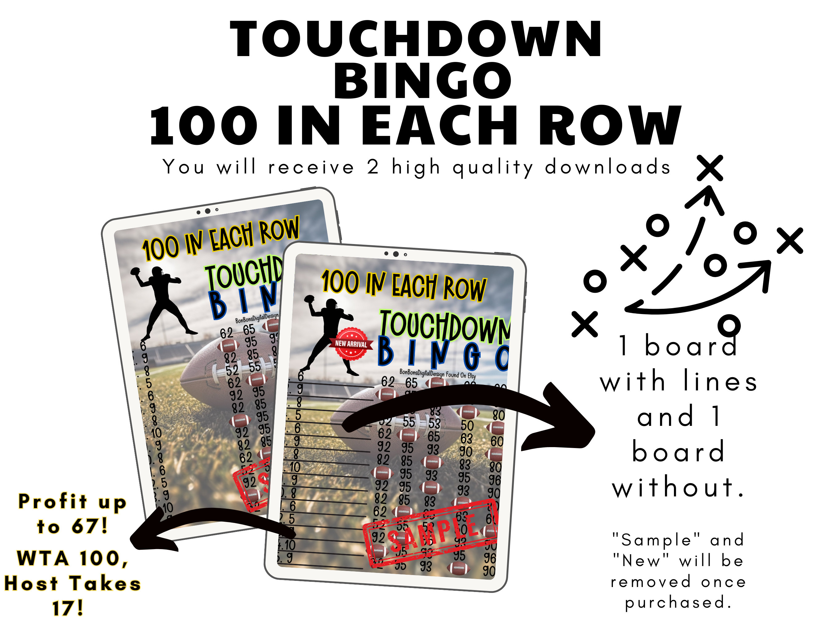 100 in Each Row PYP Touchdown Football 15 Line Bingo Board , Small ...