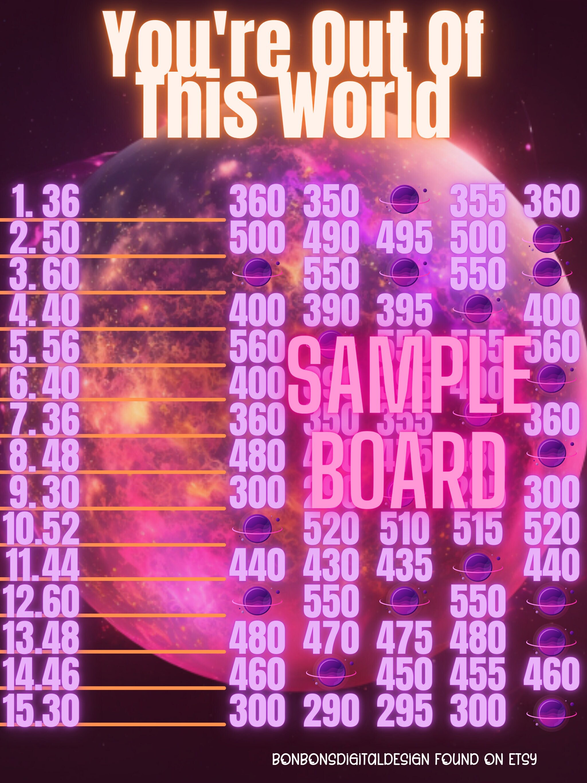 Glow Planet WTA 600 in Each Row PYP 15 Line Bingo Board, Neon Glow ...