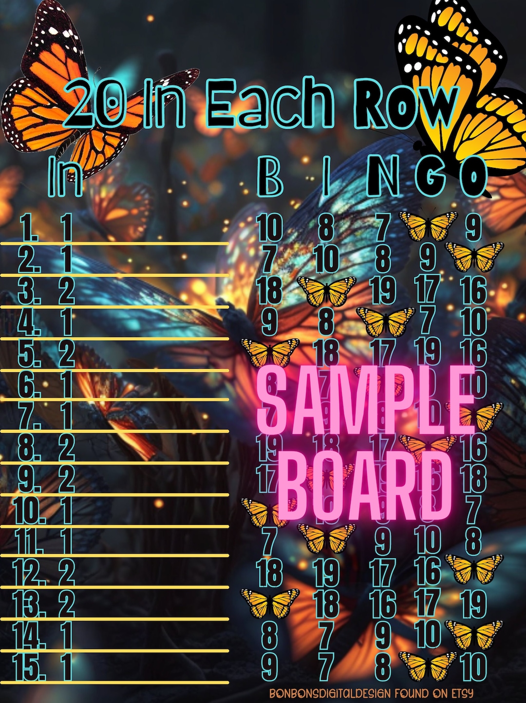 20 in Each Row Glow Butterfly 15 Line Bingo Board, PYP Bingo Board ...