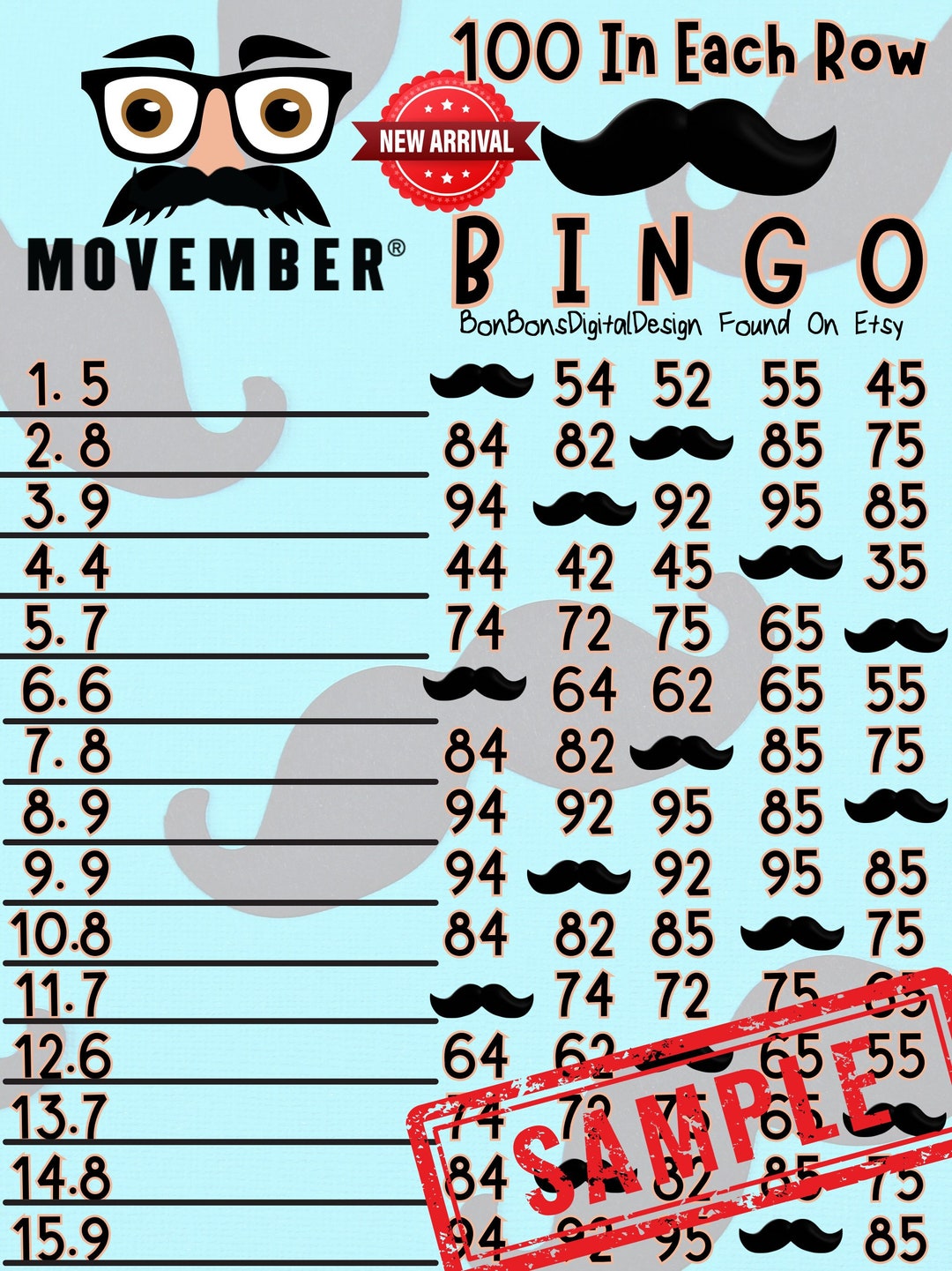 100 PYP Pro WTA 15 Line Bingo Board Mustache Bingo - Etsy