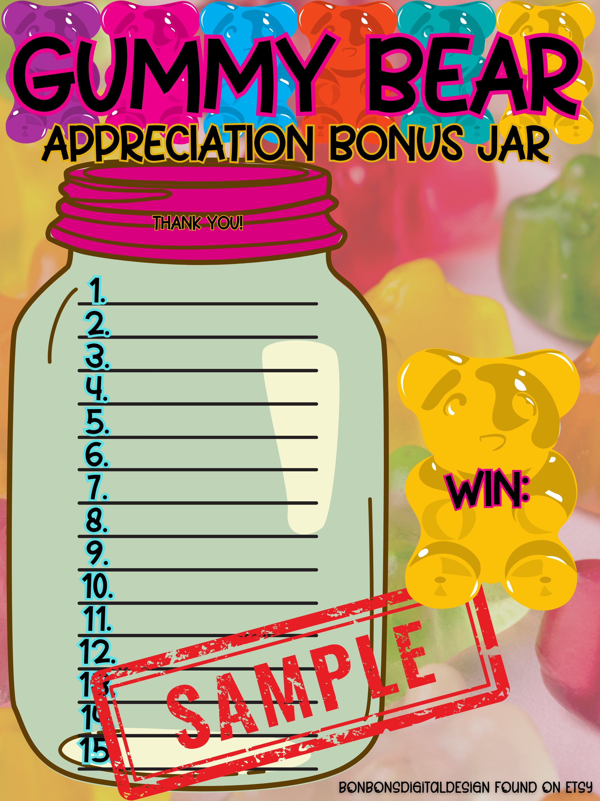 Gummy Bear 1k in Each Row Small Profit 15 Line Bingo Board With FREE ...