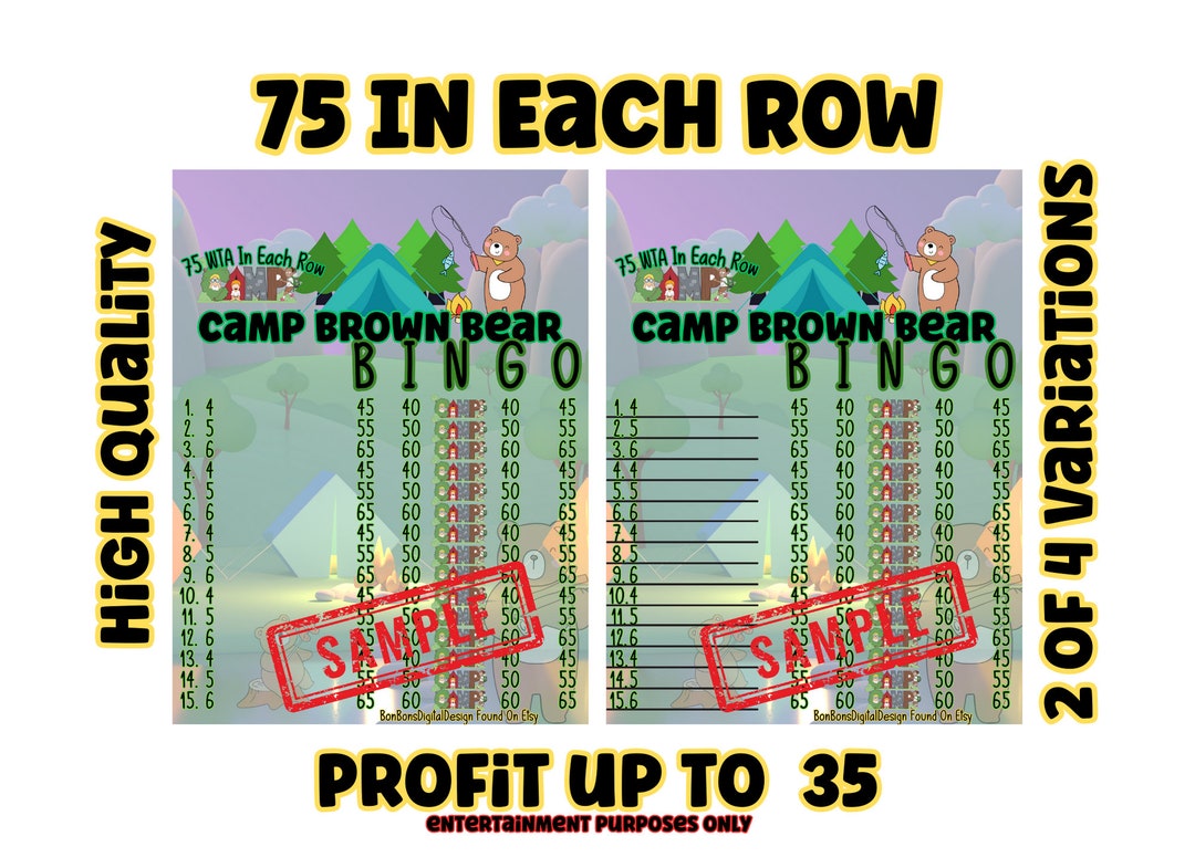 75 in Each Row Camp Brown Bear WTA 15 Line WTA Bingo Board - Etsy