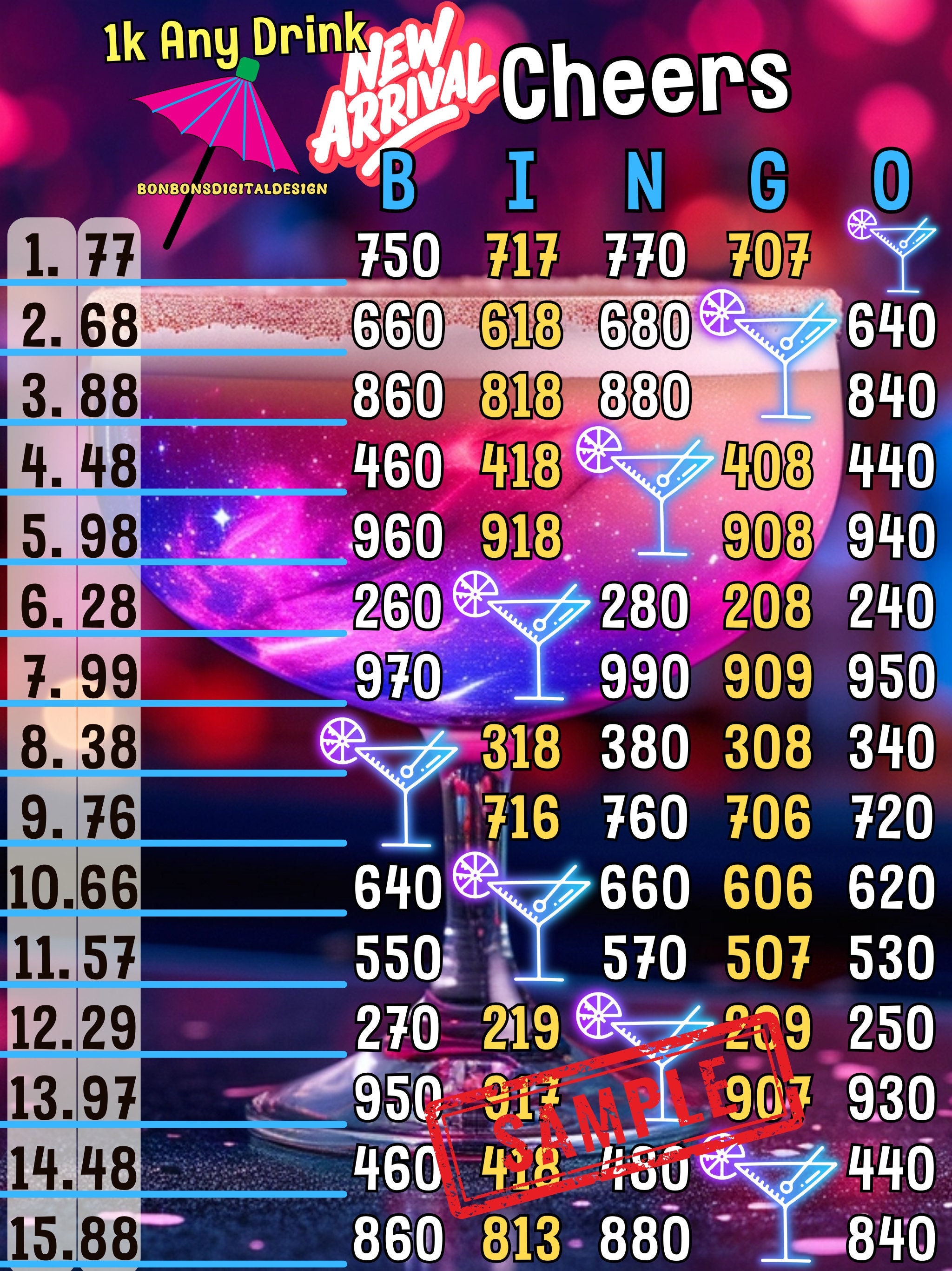 Cheers 1k in Each Row Small Pro High Roller Bingo Board for 75 Ball ...