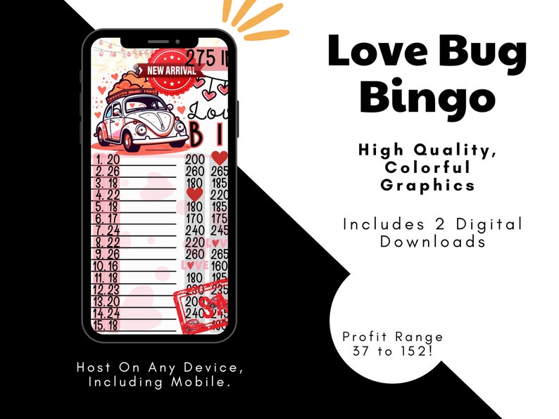 PYP Small Profit WTA Love Bugs 15 Line Bingo Board , 275 in Each Row ...