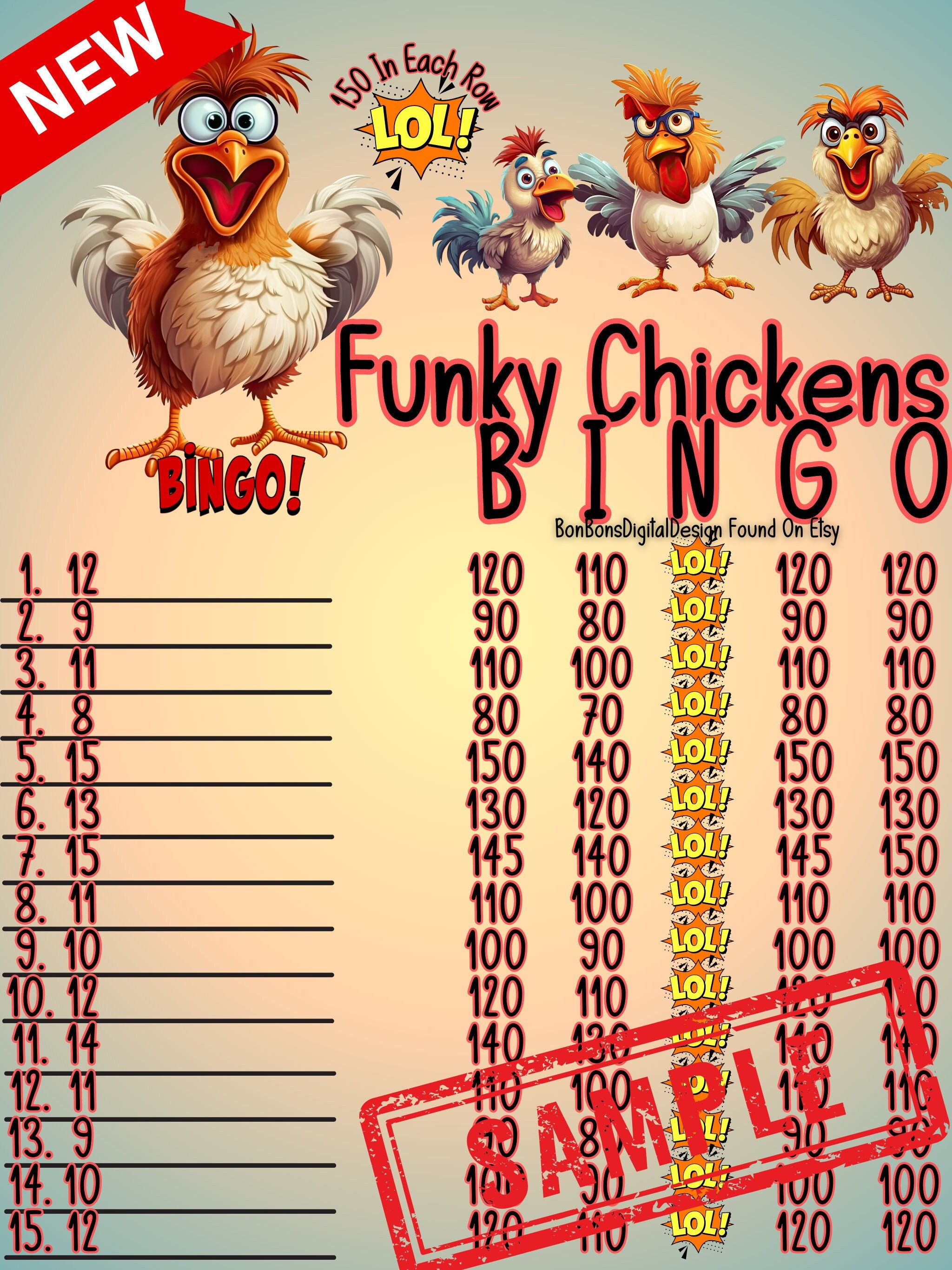 150 in Each Row PYP Funky Chicken 15 Line Bingo Board , Small Profit ...