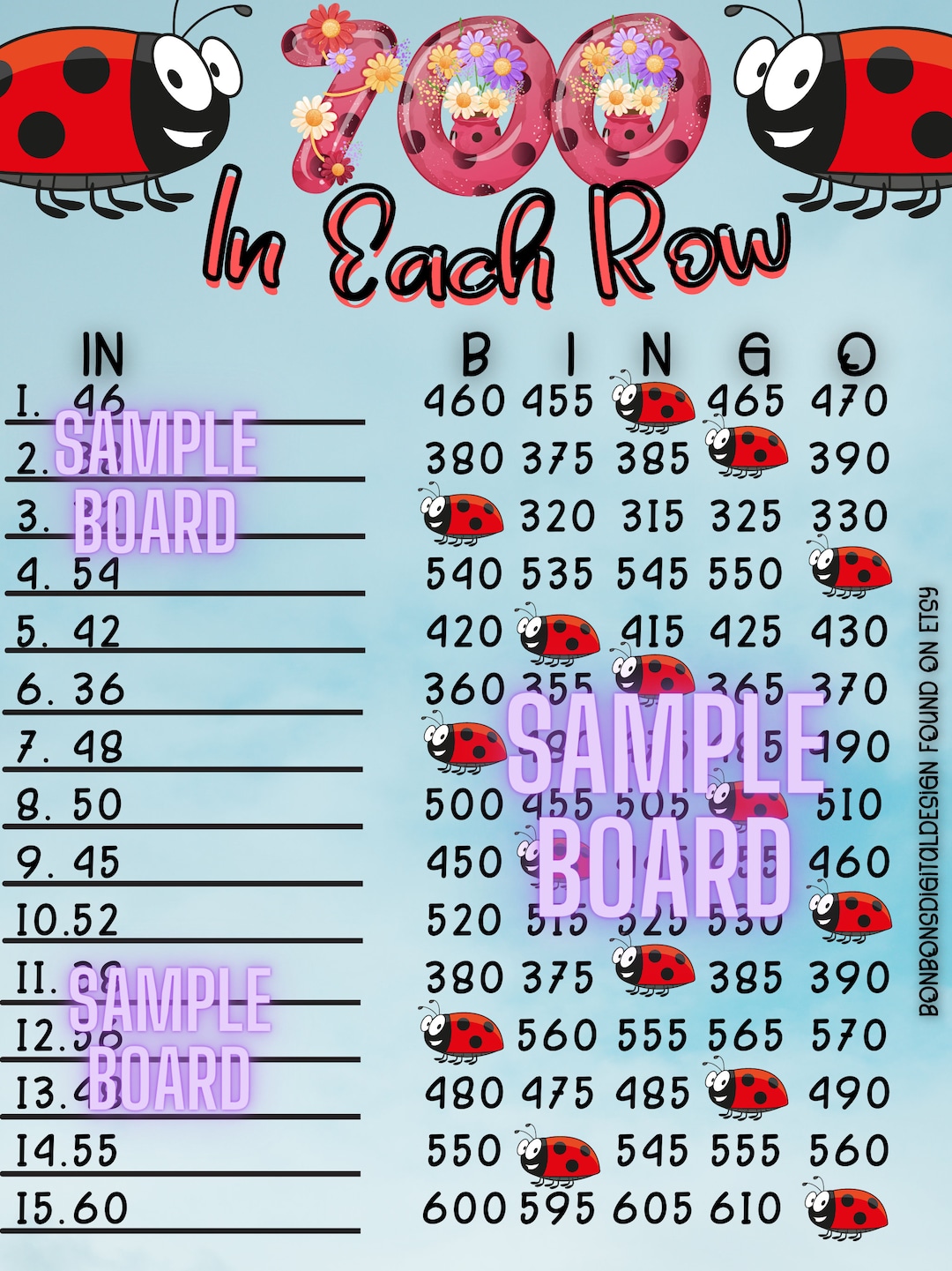 Lady Bug 700 in Each Row 15 Line Bingo Board, 700 WTA Bingo Board - Etsy