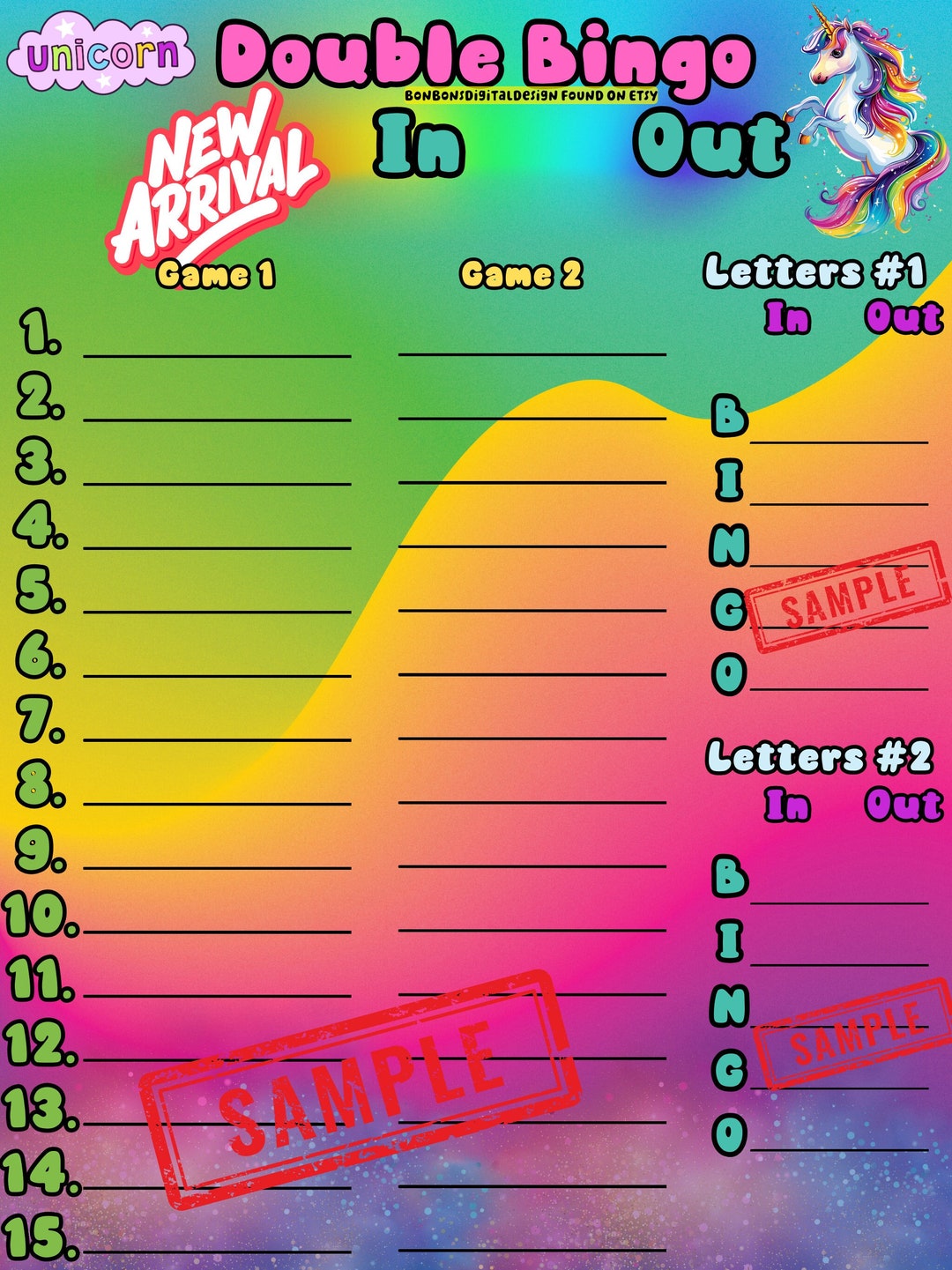 Custom Double Bingo Letters PYP Pro WTA 15 Line Bingo Board, Rainbow ...