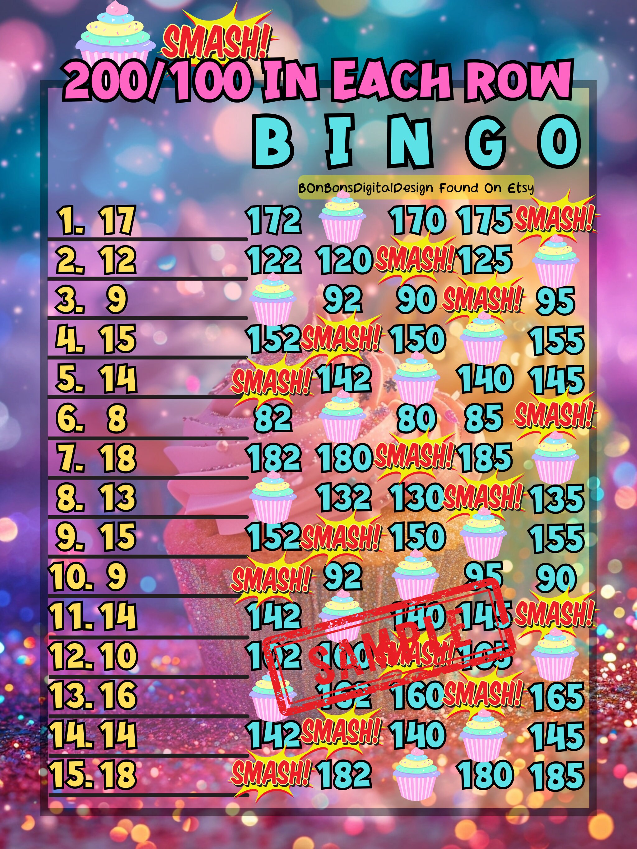 200 PYP Pro WTA 15 Line Bingo Board , Cupcake Smash Bingo, Double Bingo ...