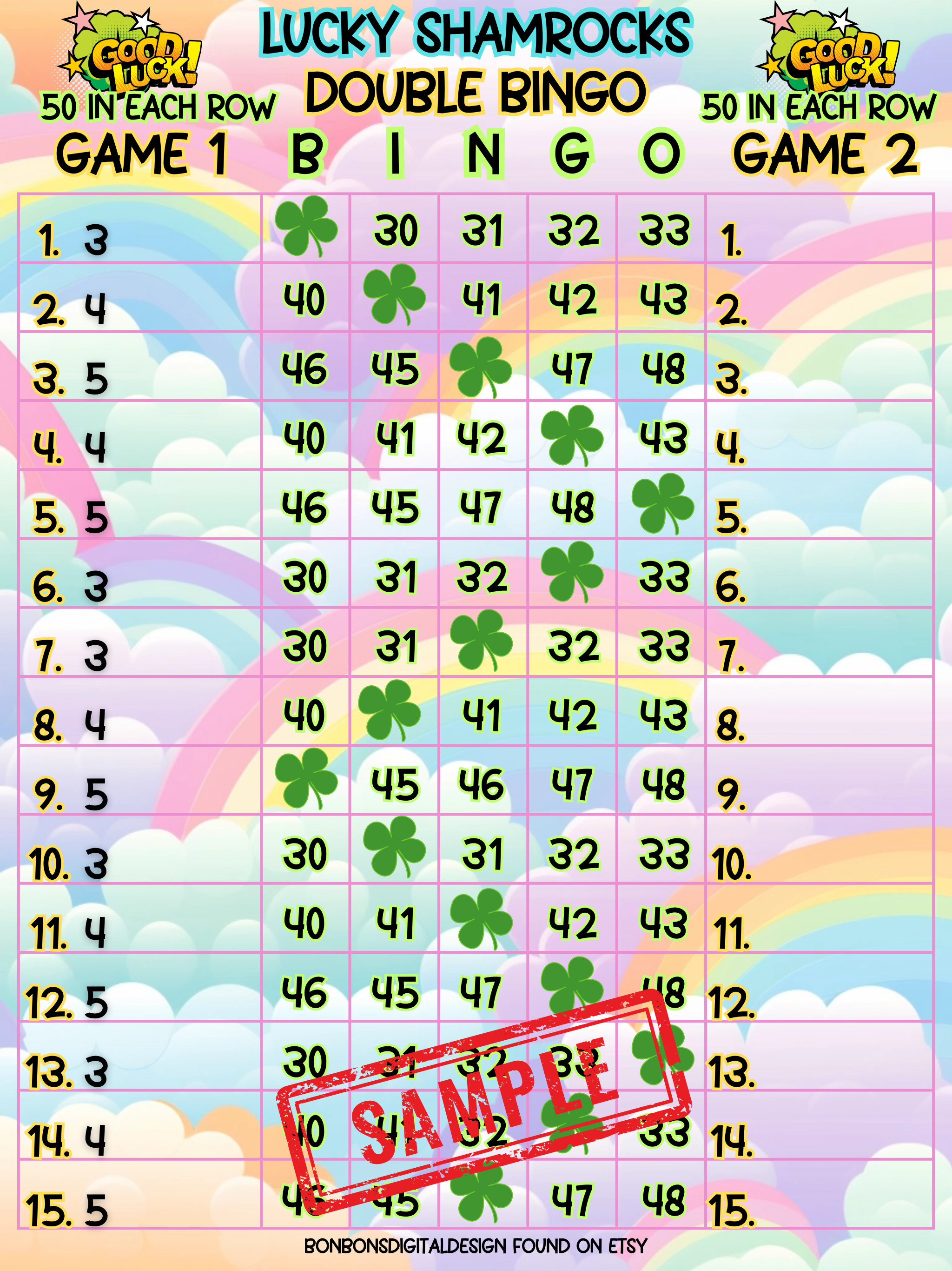Double Bingo 50 PYP Pro WTA 15 Line Bingo Board, St. Patricks Day Bingo ...