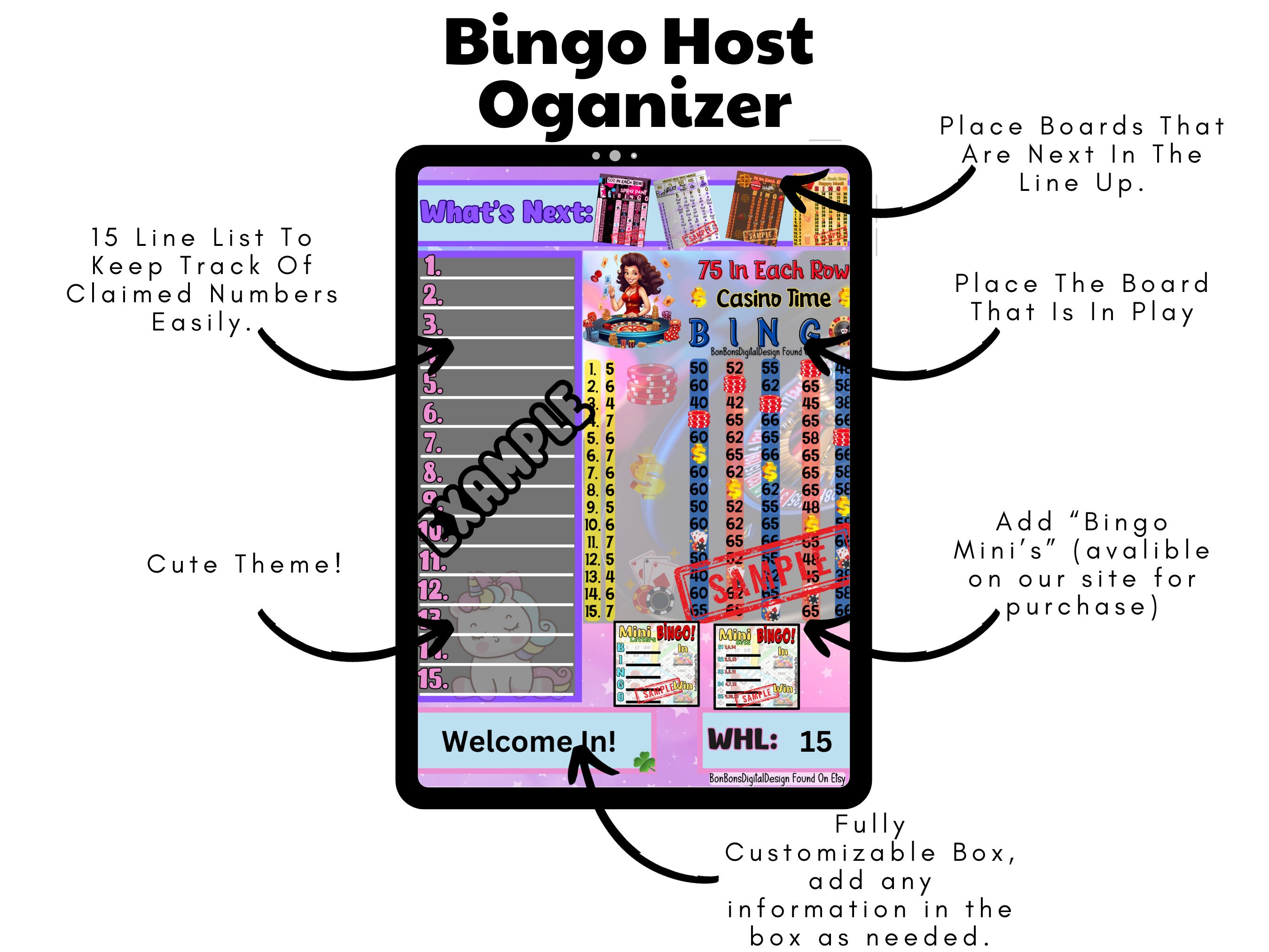 Bingo Host Organizer Template for 15 Line Bingo Board , WTA PYP Pro HR ...