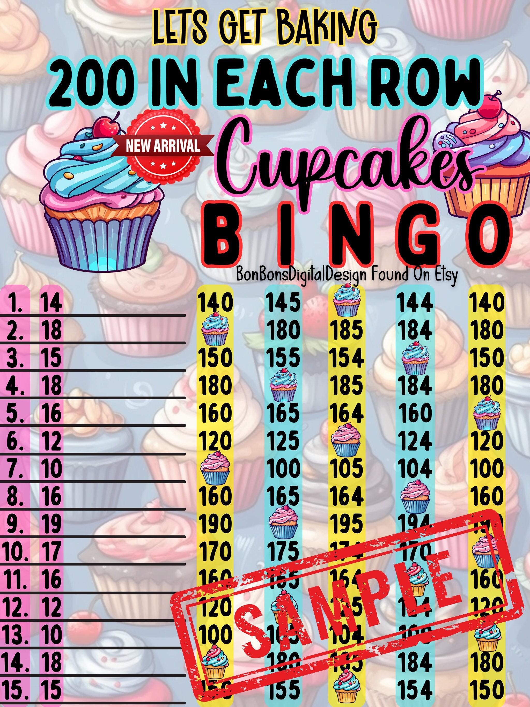 200 PYP Pro WTA Cupcakes 15 Line Bingo Board, 200 in Each Row Bingo - Etsy