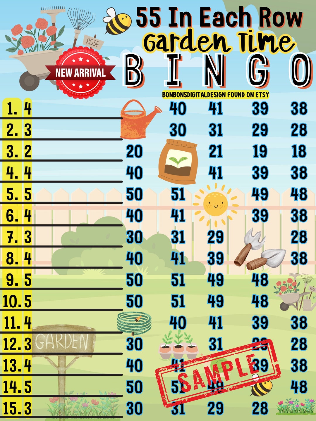 55 PYP WTA in Each Row 15 Line Bingo Board , Spring Time Bingo, Low in ...