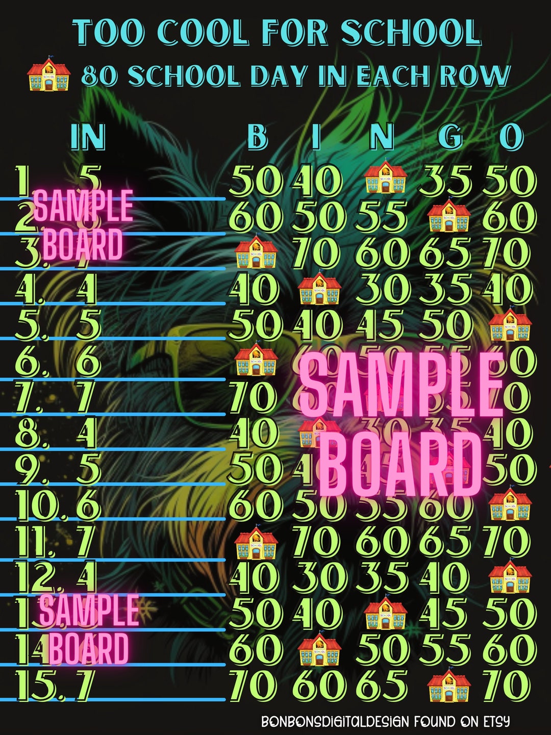 Too Cool for School 80 in Each Row 15 Line Bingo Board, PYP Bingo Board ...