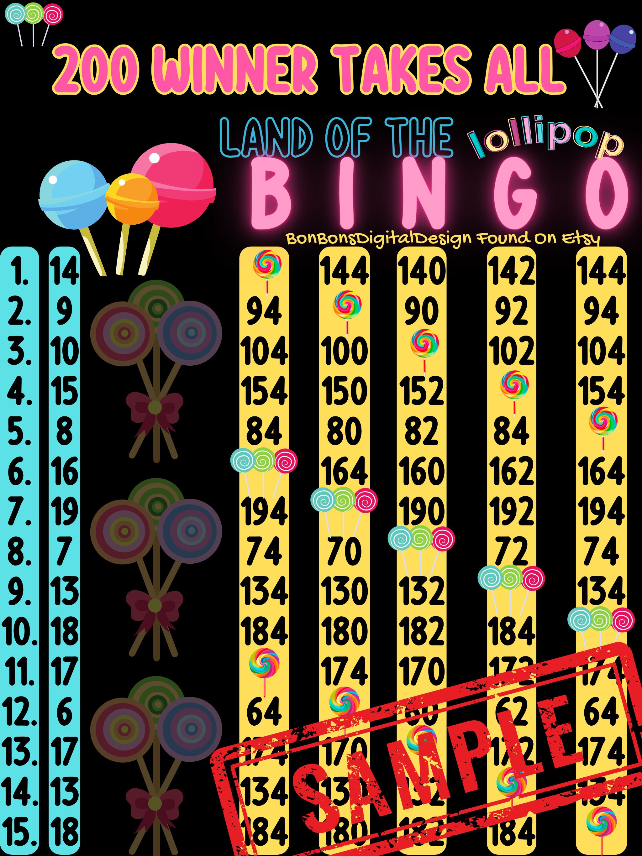 200 in Each Row WTA PYP Land of the Lollipop 15 Line Bingo Board , WTA ...