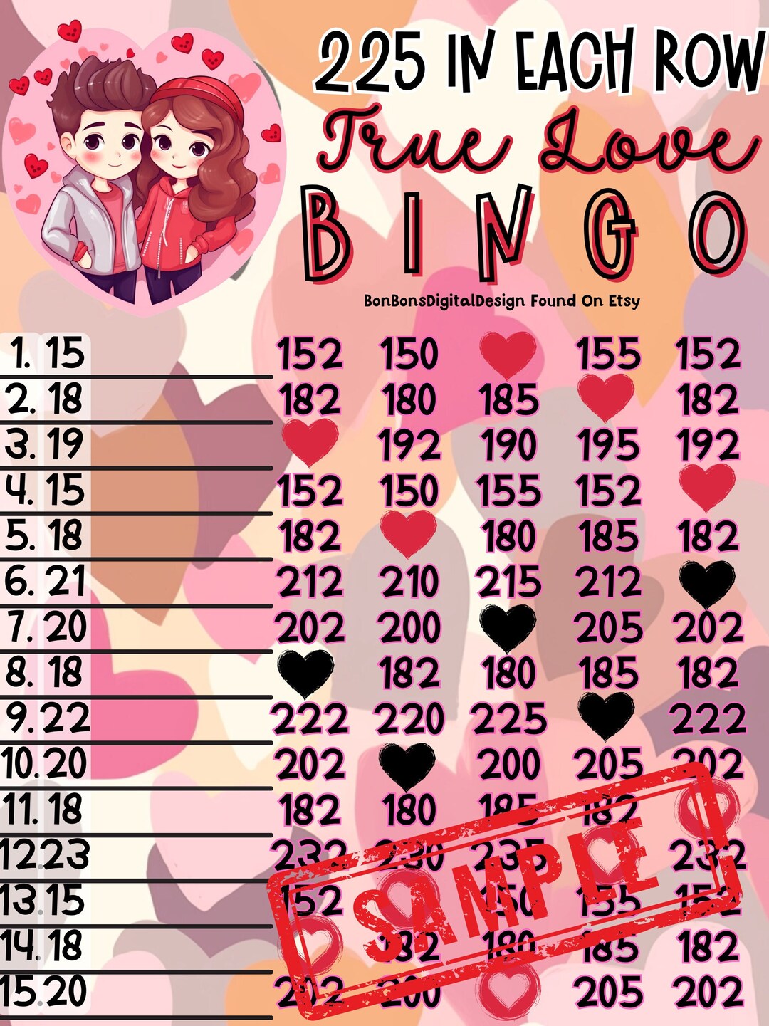 True Love 225 PYP WTA 15 Line Bingo Board, Valentines Day Bingo - Etsy