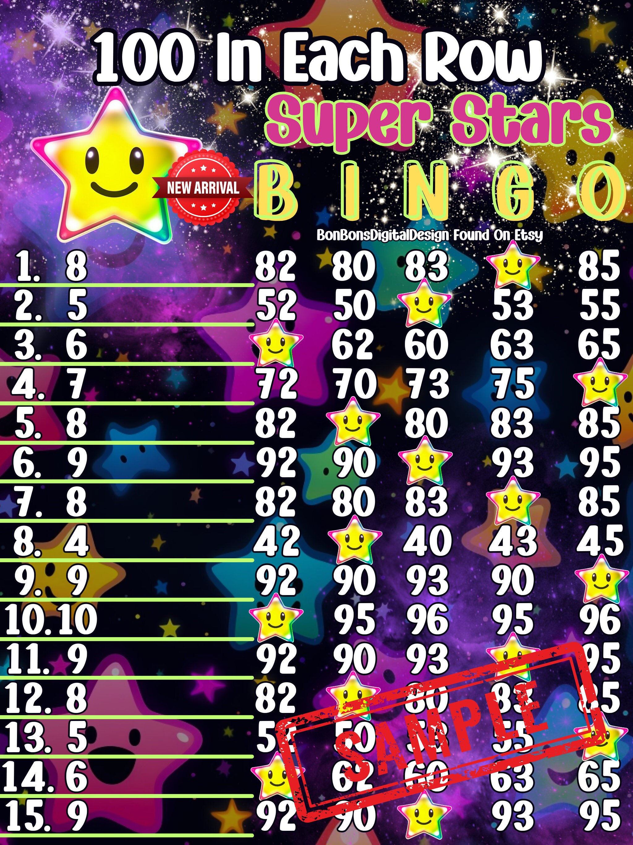 100 in Each Row PYP Pro WTA Super Stars 15 Line Bingo Board , Small Pro ...