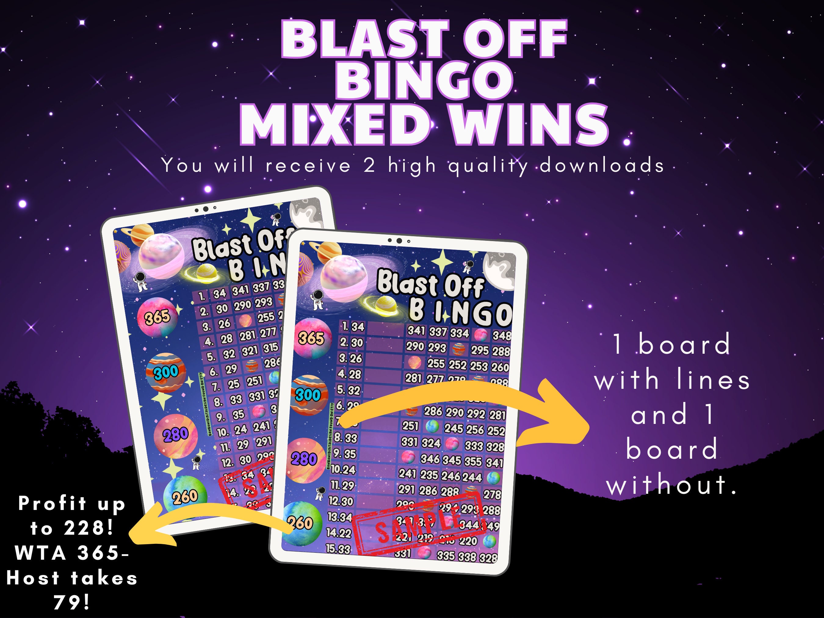 PYP Pro WTA 15 Line Bingo Board , Planet Bingo, Multiple Wins Bingo, HR ...