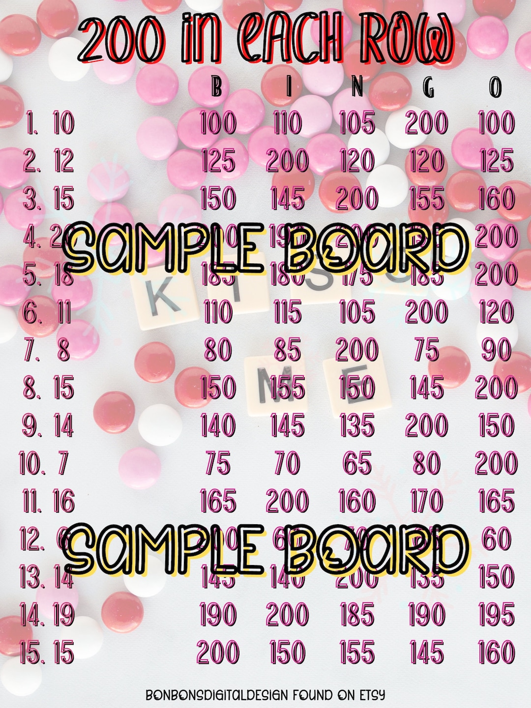 200 in Each Row WTA PYP 15 Line Bingo Board, Valentines Day Bingo Board ...