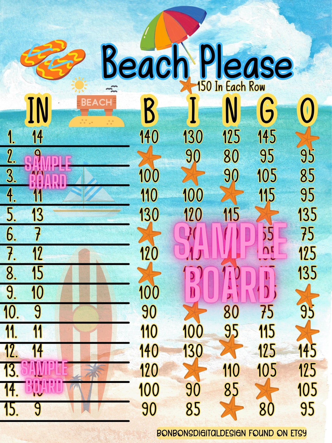 Beach Please 150 WTA 15 Line Bingo Board, Summer Bingo - Etsy
