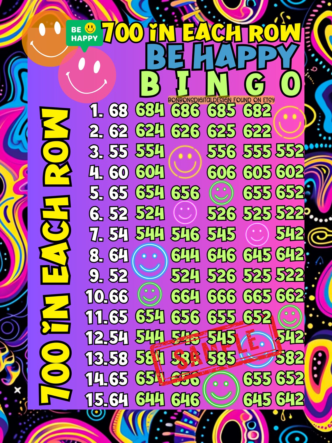 Be Happy 700 in Each Row 15 Line Bingo Board, 700 PYP PRO WTA Bingo ...