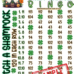 Catch A Shamrock PYP Pro WTA 120 in Every Row 15 Line Bingo Board, PYP ...
