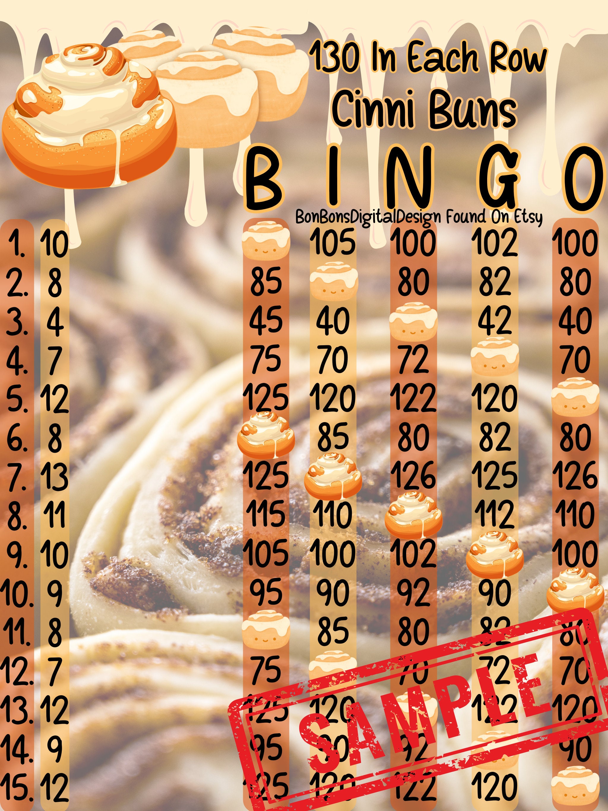 130 in Each Row PYP Pro WTA Cinni Buns 15 Line Bingo Board - Etsy