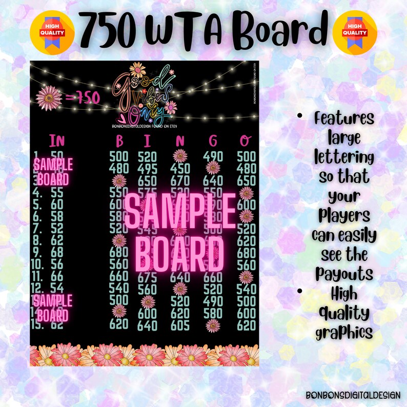5 Pack Bundle Deal WTA Bingo Boards, Glow Bingo Boards, Bundle Deal ...