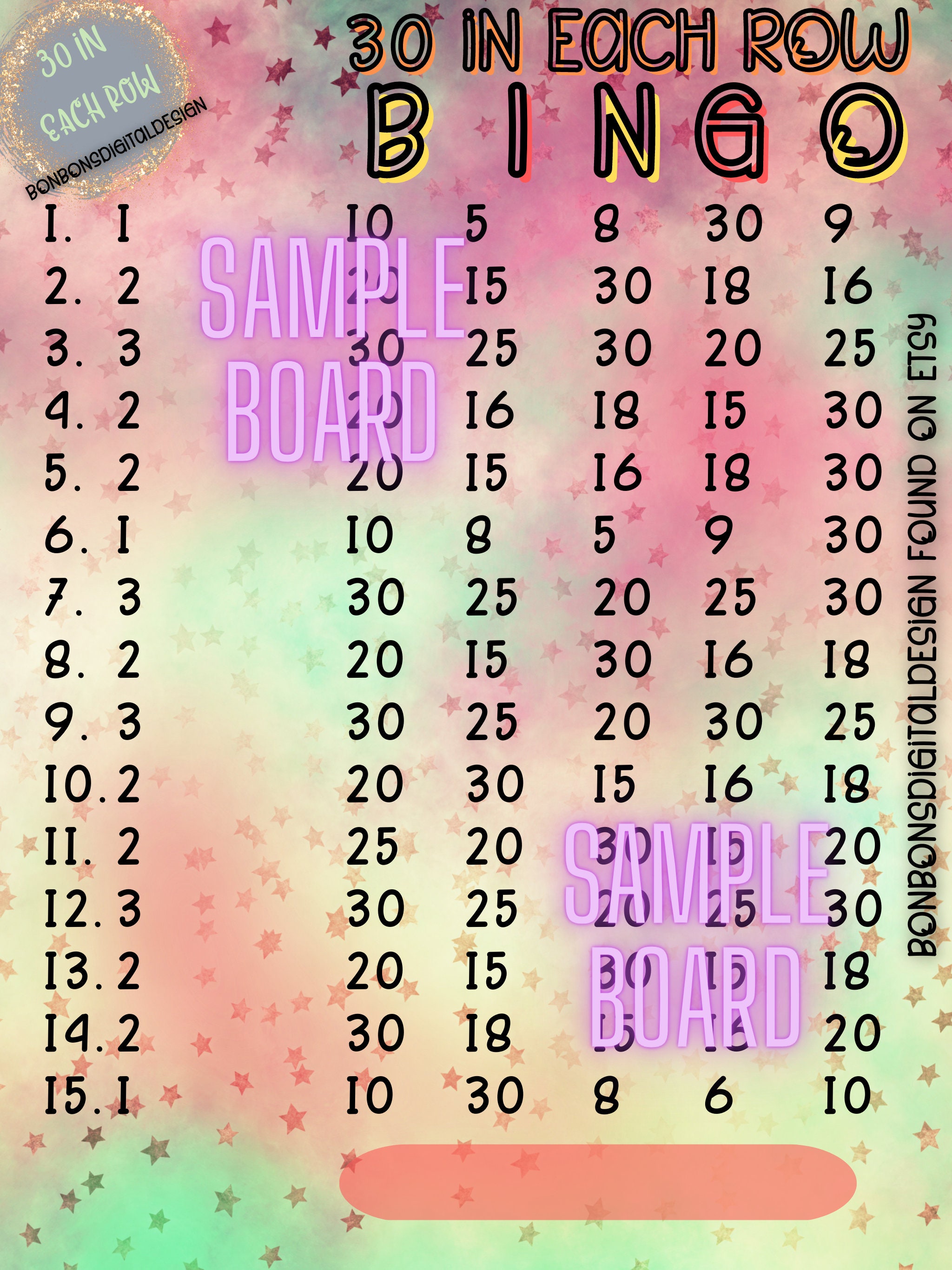 30 in Each Row WTA PYP 15 Line Bingo Board, Low WTA Bingo Board - Etsy