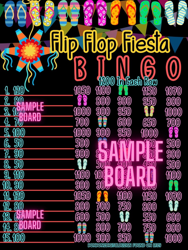 Flip Flop Fiesta 1200 WTA 15 Line Bingo Board, HR Summer Bingo Boards ...