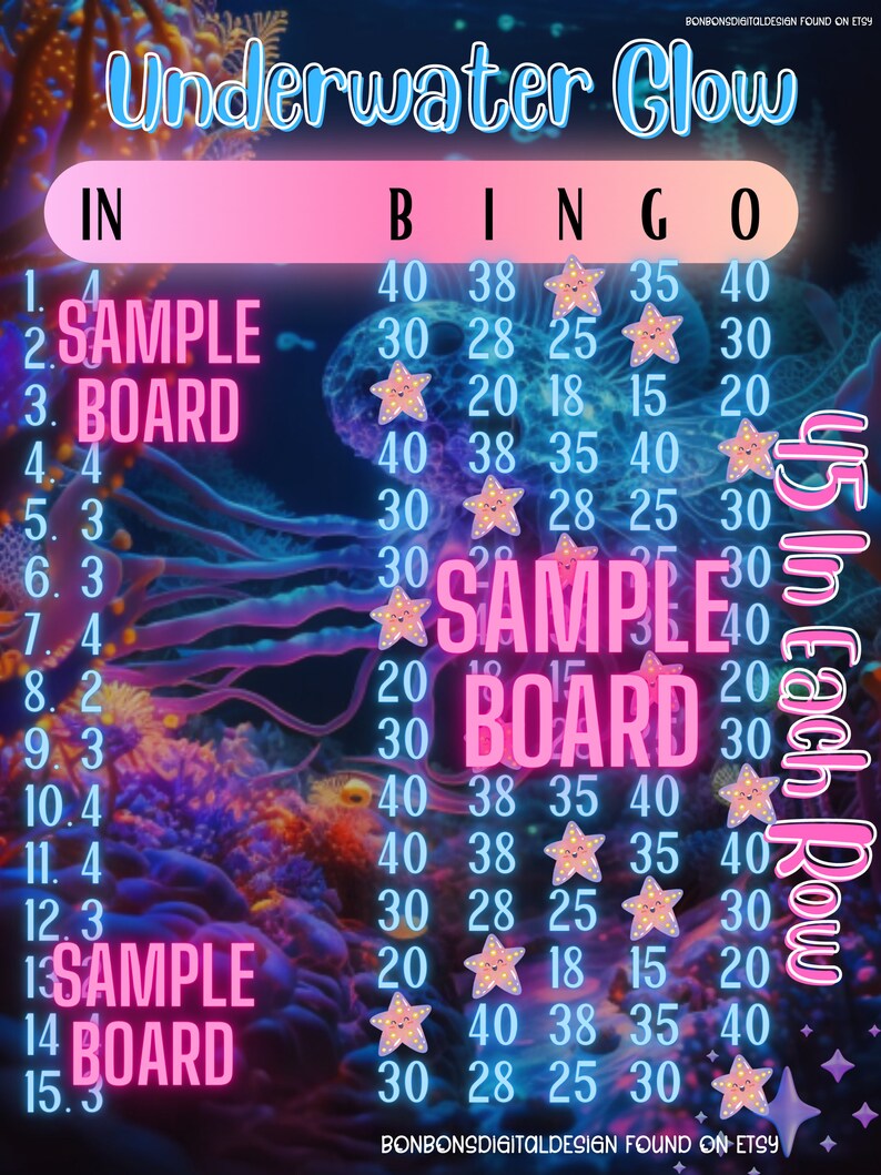 Underwater Glow 45 in Each Row WTA 15 Line Bingo Board, PYP Bingo Board ...