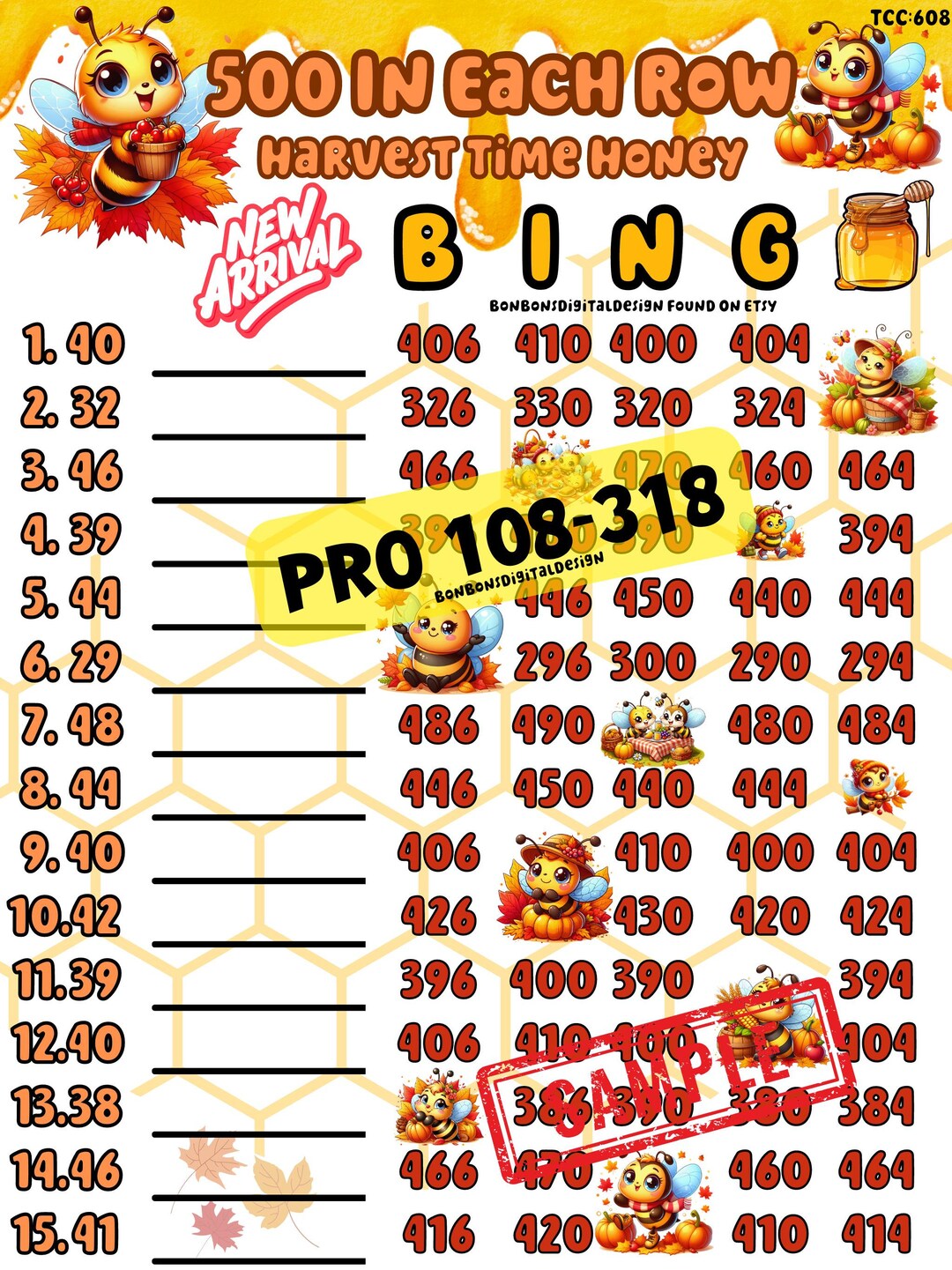 500 HR PYP Pro WTA 15 Line Bingo Board , Harvest Fall 500 in Each Row ...