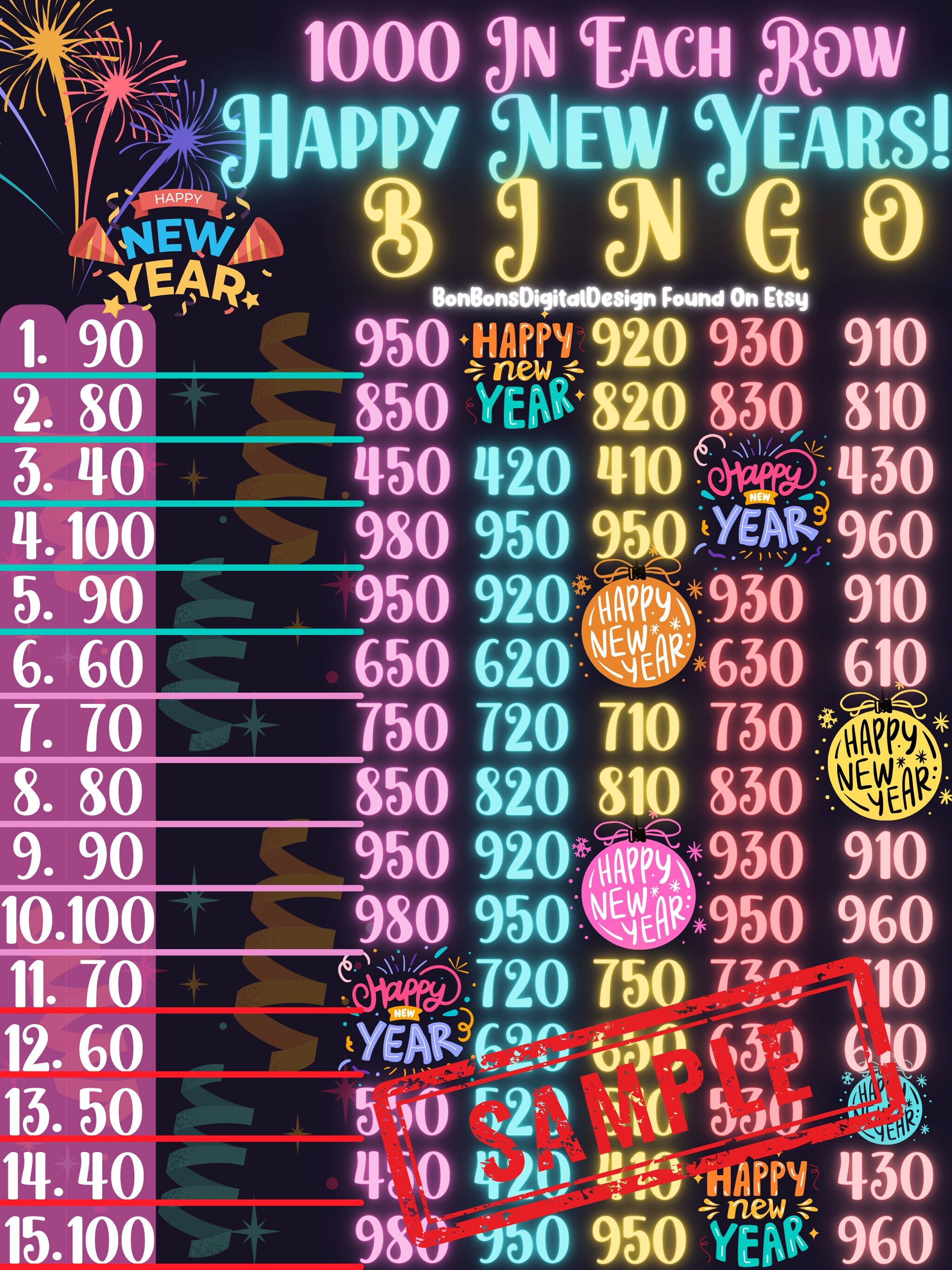 HR PYP Pro WTA Bingo , New Years Bingo, 1000 in Each Row, High Roller ...