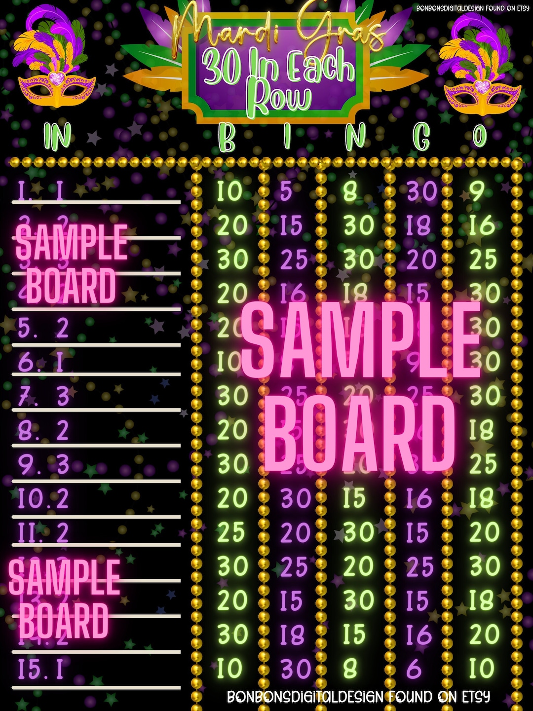 30 in Each Row WTA Mardi Gras 15 Line Bingo Board, PYP Bingo Board ...