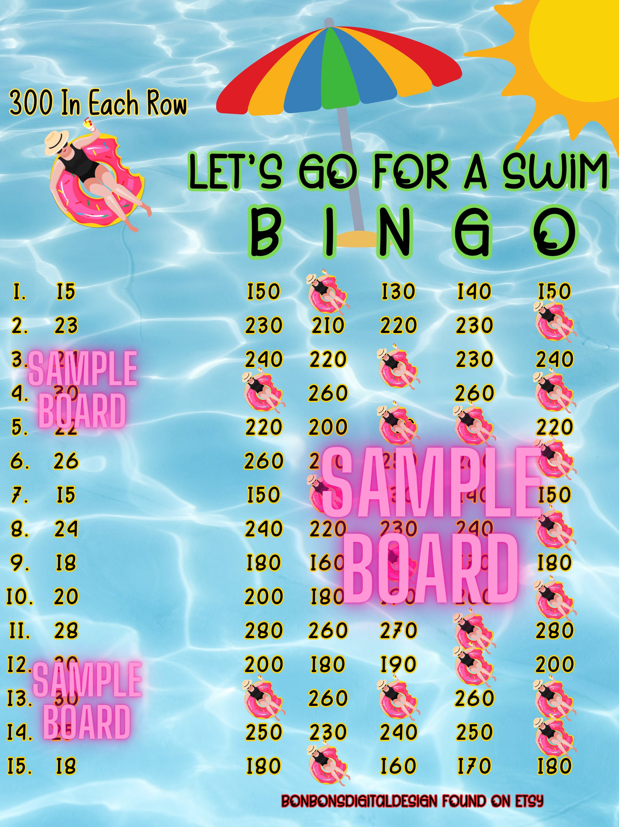 Lets Go for A Swim 300 WTA 15 Line Bingo Board - Etsy