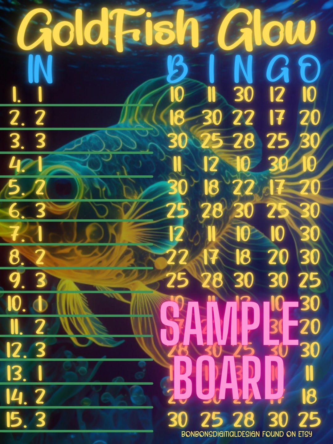 30 in Each Row Glow Goldfish 15 Line Bingo Board, PYP Bingo Board, Glow ...